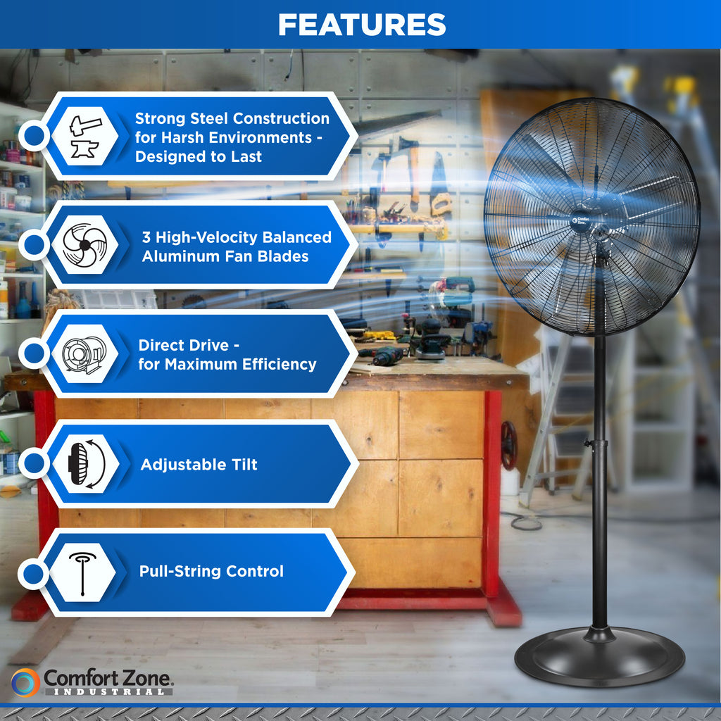 Comfort Zone 30" 3-Speed High-Velocity Industrial Pedestal Fan in Blac ...