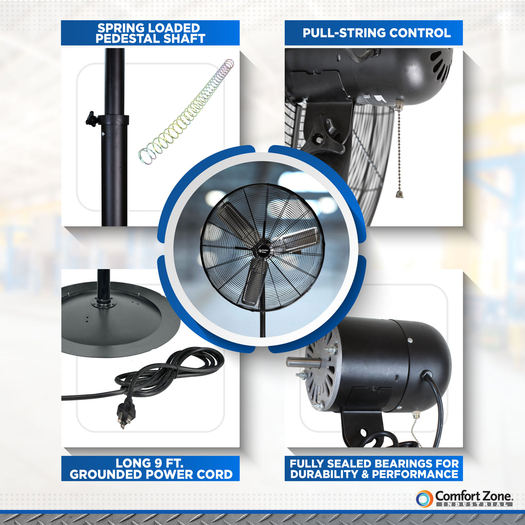 Comfort Zone 30" 3-Speed High-Velocity Industrial Pedestal Fan in Blac ...