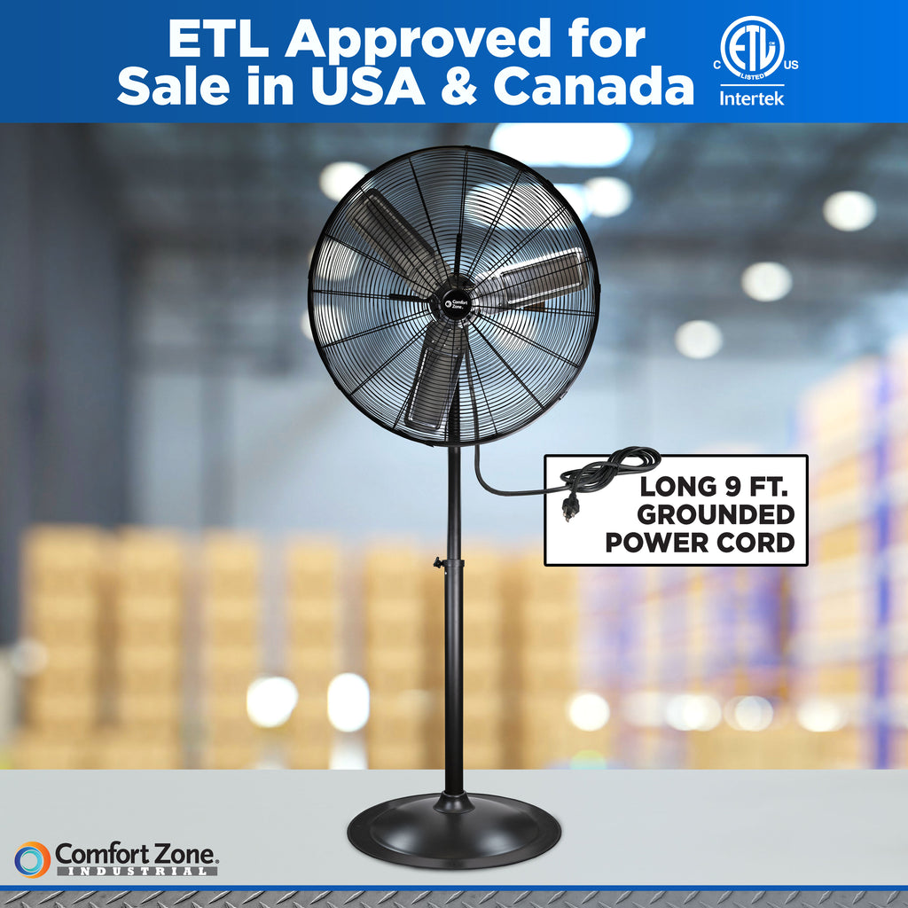 Comfort Zone 30" 3-Speed High-Velocity Industrial Pedestal Fan in Blac ...