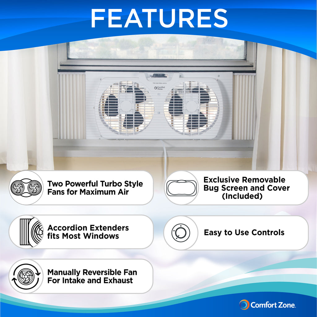 Comfort Zone 9" Twin Window Fan Reversible Airflow Control in Multiple ...