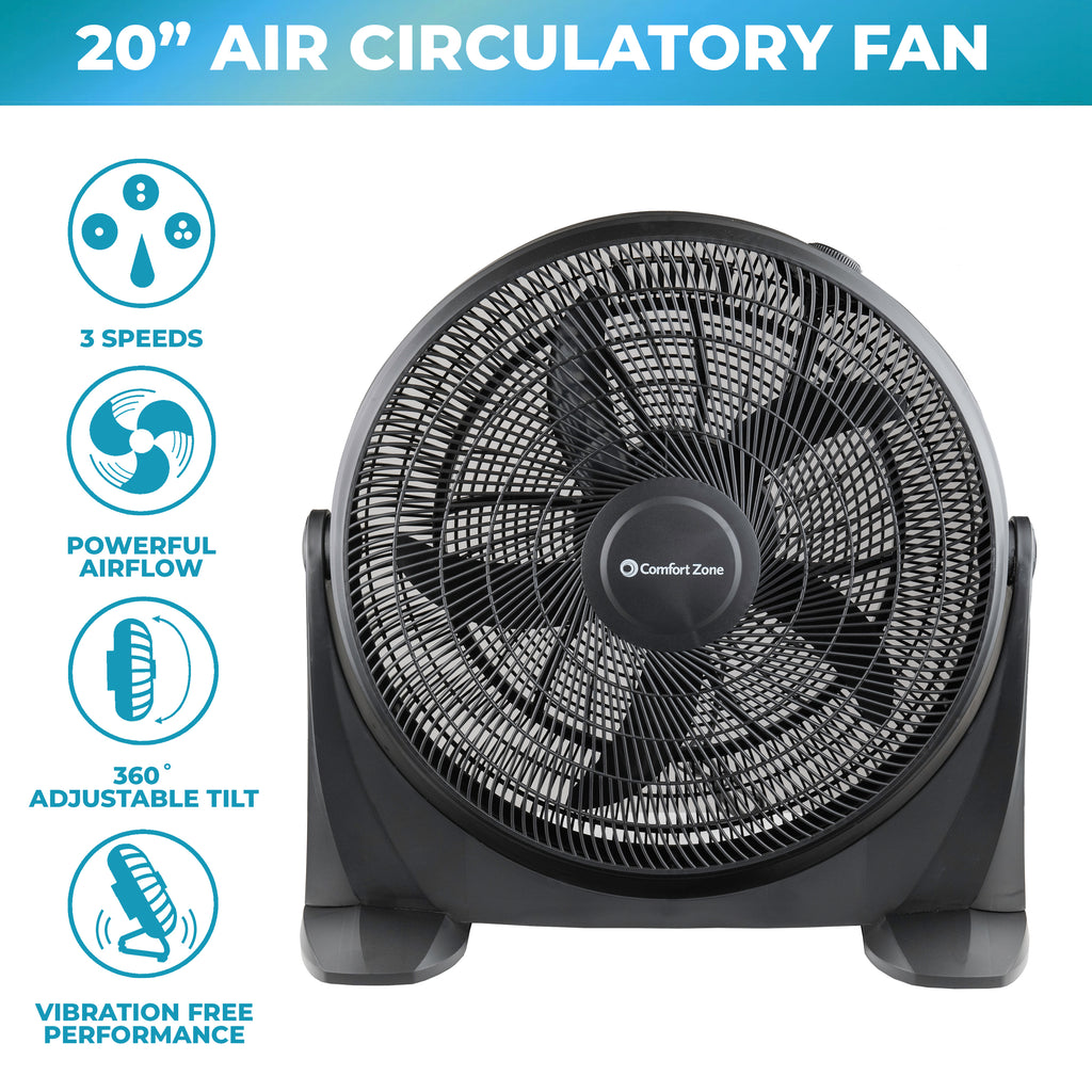 Comfort Zone 20" High Velocity Floor Fan with 180 Degree Adjustable Ti ...