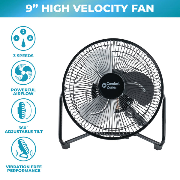 Comfort Zone 9" 3-Speed Floor Fan in Black – Comfort Zone, Mr. Brands, LLC.