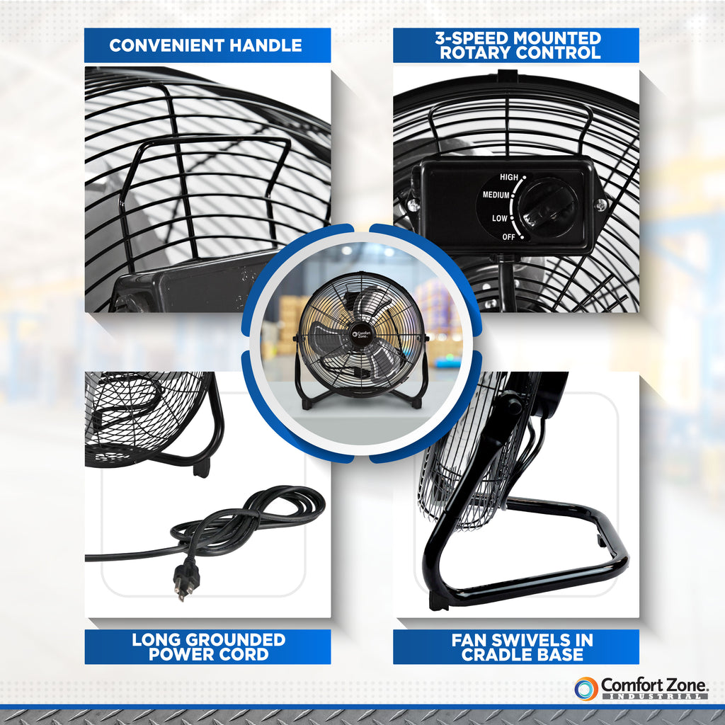 Comfort Zone 14" High-Velocity 3-Speed Floor Fan in Black – Comfort ...