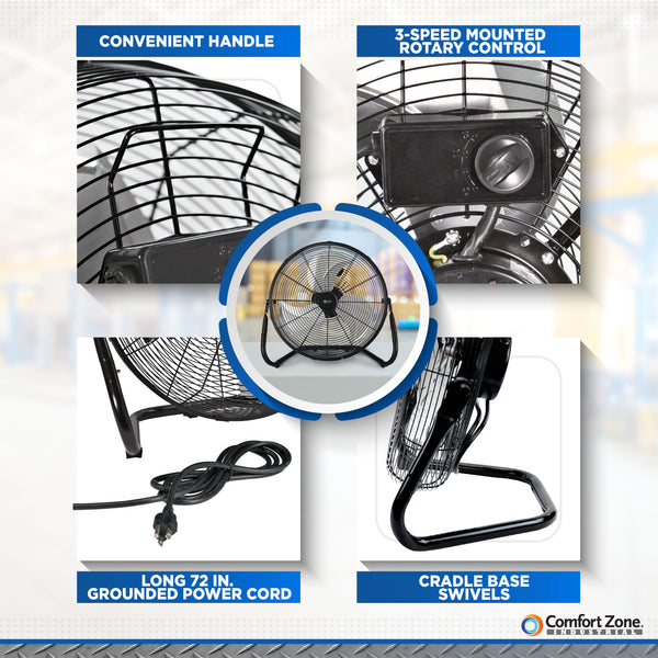 Comfort Zone 18" 3-Speed High-Velocity Floor Fan with Adjustable Tilt ...