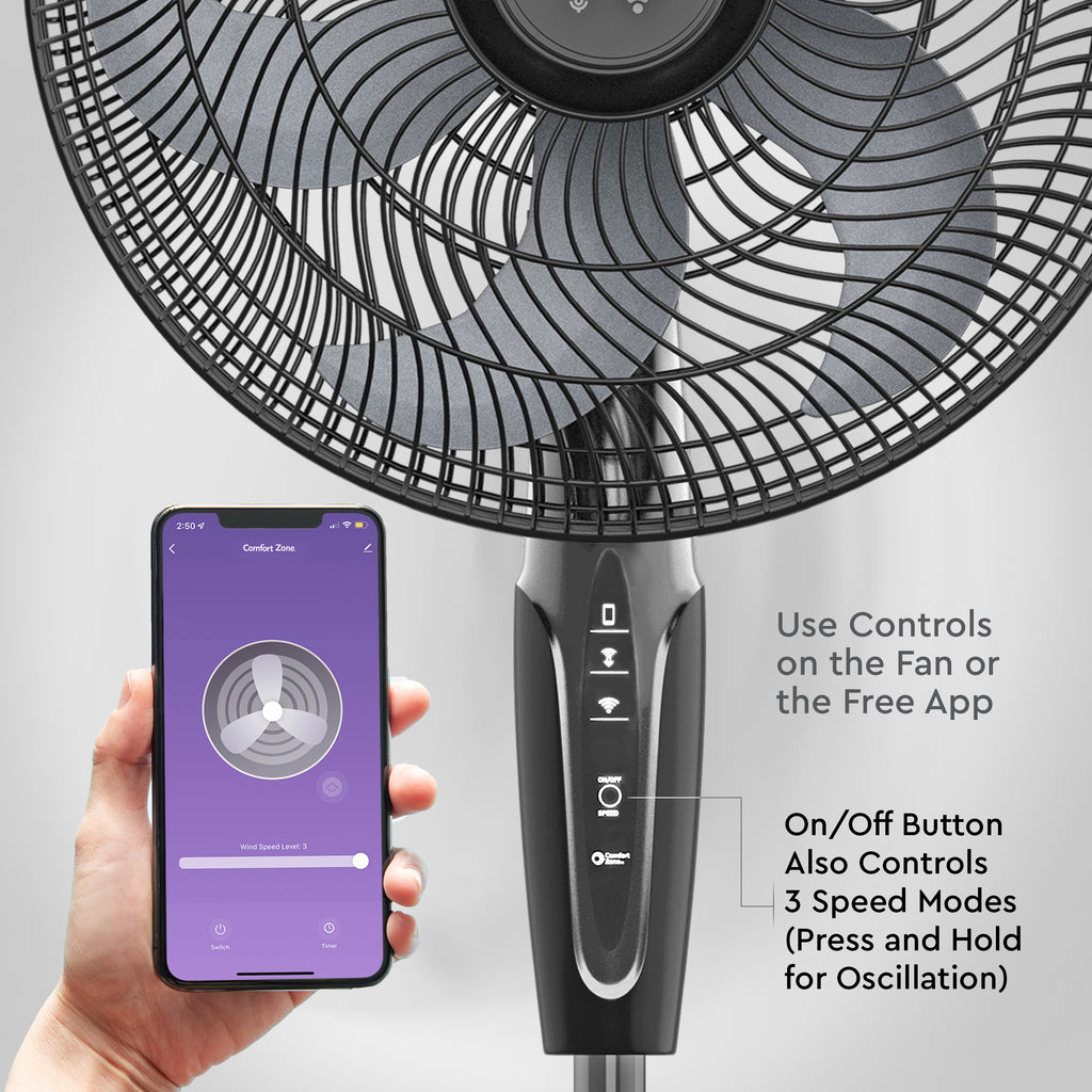 Comfort Zone 18" Smart Wi-Fi 3-Speed Oscillating Stand Fan – Comfort ...